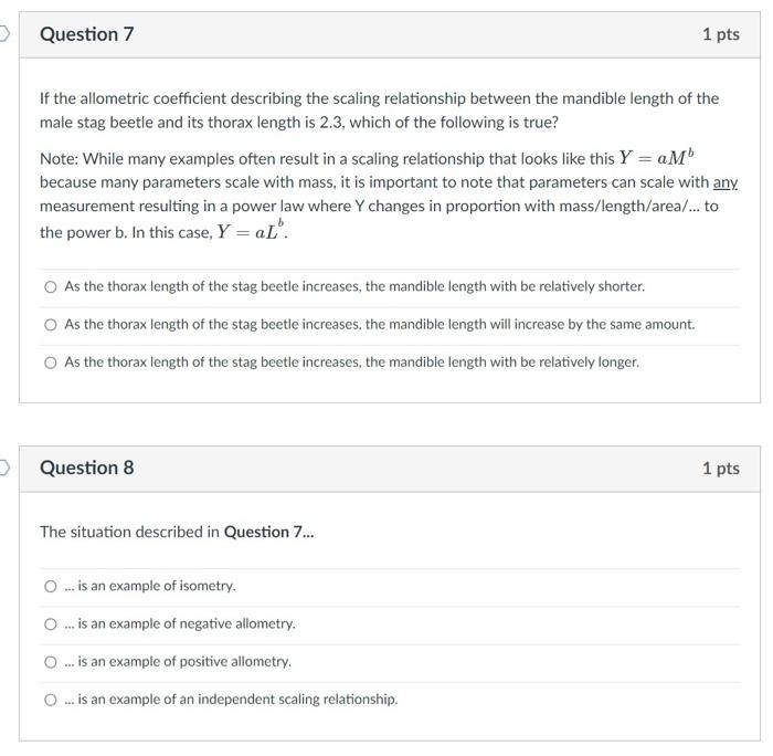 Solved > Question 7 1 pts If the allometric coefficient | Chegg.com