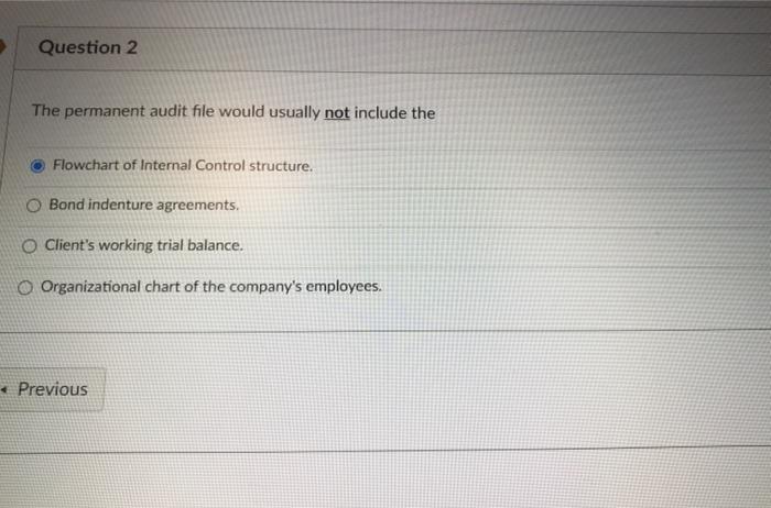 Solved Question 2 The permanent audit file would usually not | Chegg.com