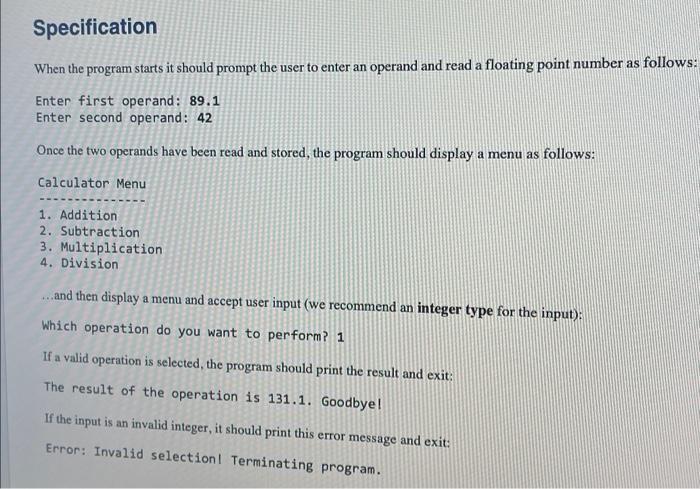 Solved Specification When the program starts it should | Chegg.com