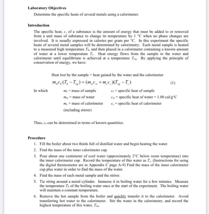 Solved Laboratory Objectives Determine the specific heats of | Chegg.com
