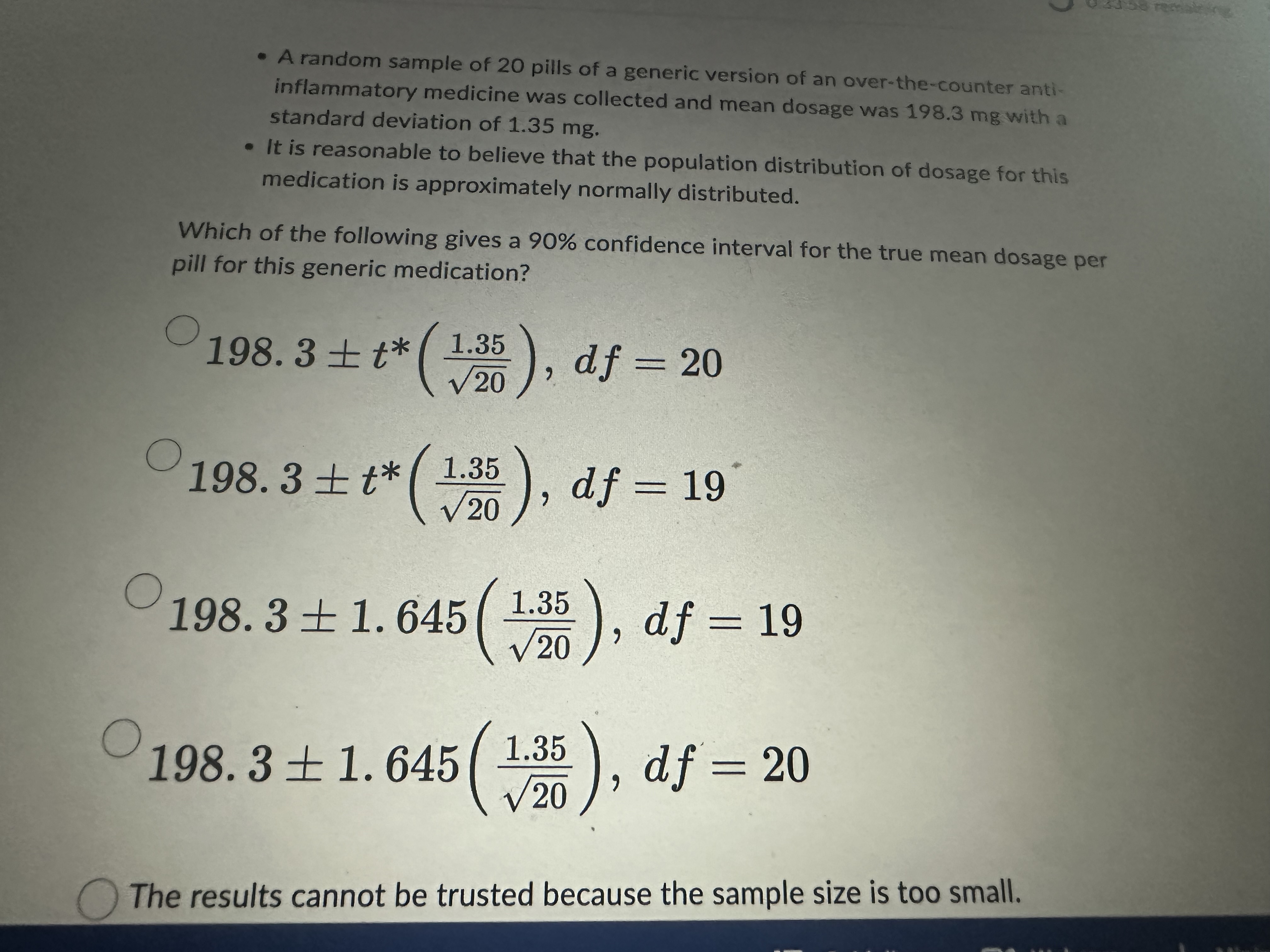 Solved A random sample of 20 ﻿pills of a generic version of | Chegg.com