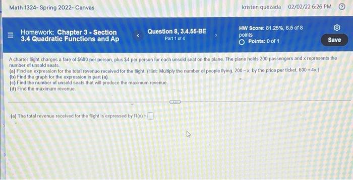 Solved Math 1324- Spring 2022- Canvas kristen quezada | Chegg.com