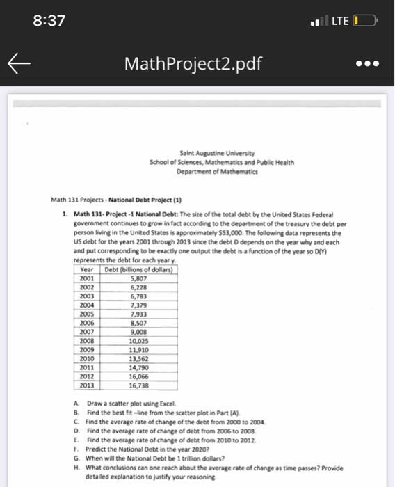 Solved 8:37 LTE K Math Project2.pdf Saint Augustine | Chegg.com