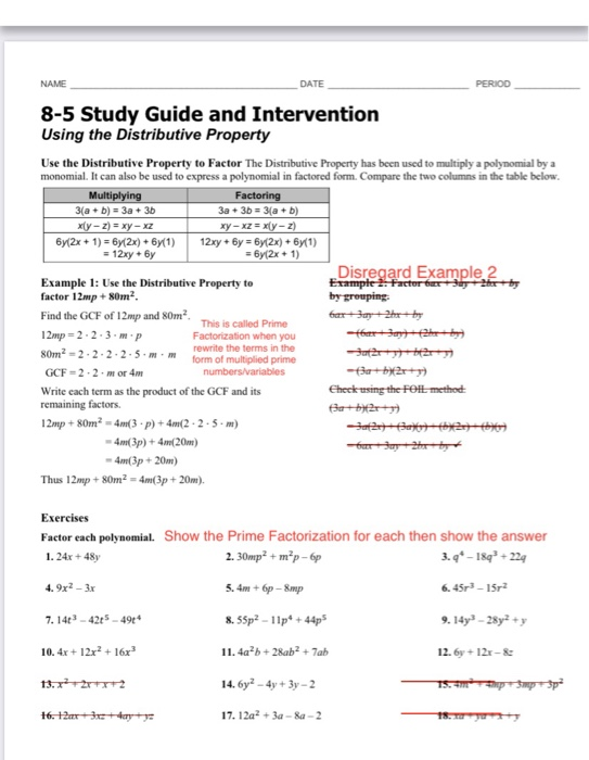 10 2 Study Guide Factoring Using The Distributive Property Answers