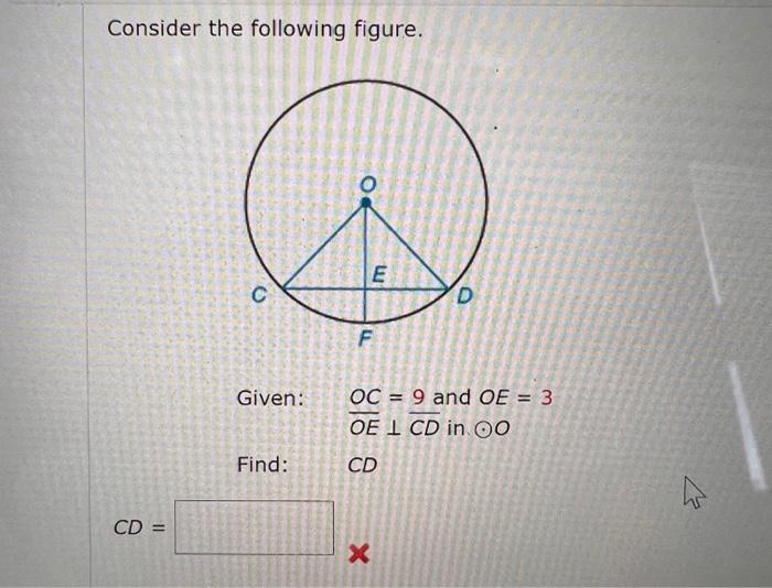 Solved Consider the following figure. Given: OEOC⊥CD9 and OE | Chegg.com