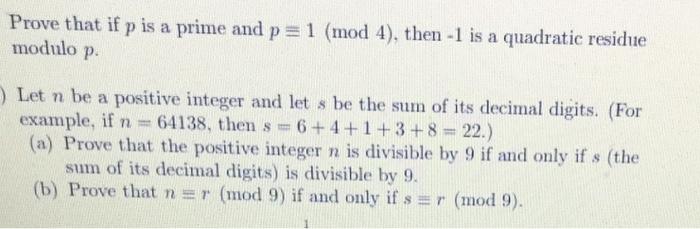 Solved Prove that if p is a prime and p = 1 (mod 4), then-1 | Chegg.com