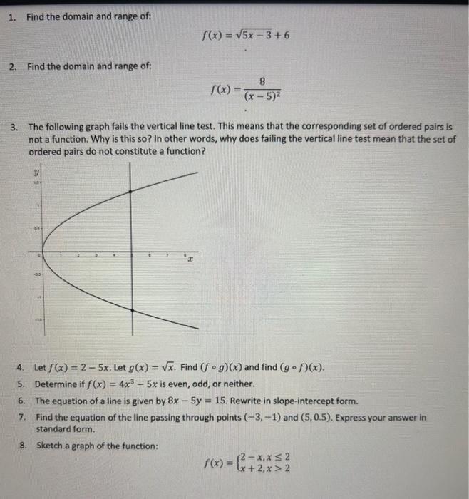 Solved 1. Find the domain and range of: f(x)=5x−3+6 2. Find | Chegg.com