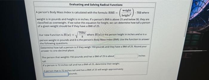 Solved height Evaluating and solving Radical Functions | Chegg.com