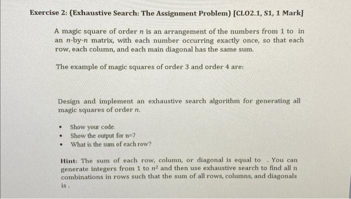 Solved cise 2: (Exhaustive Search: The Assignment Problem) | Chegg.com