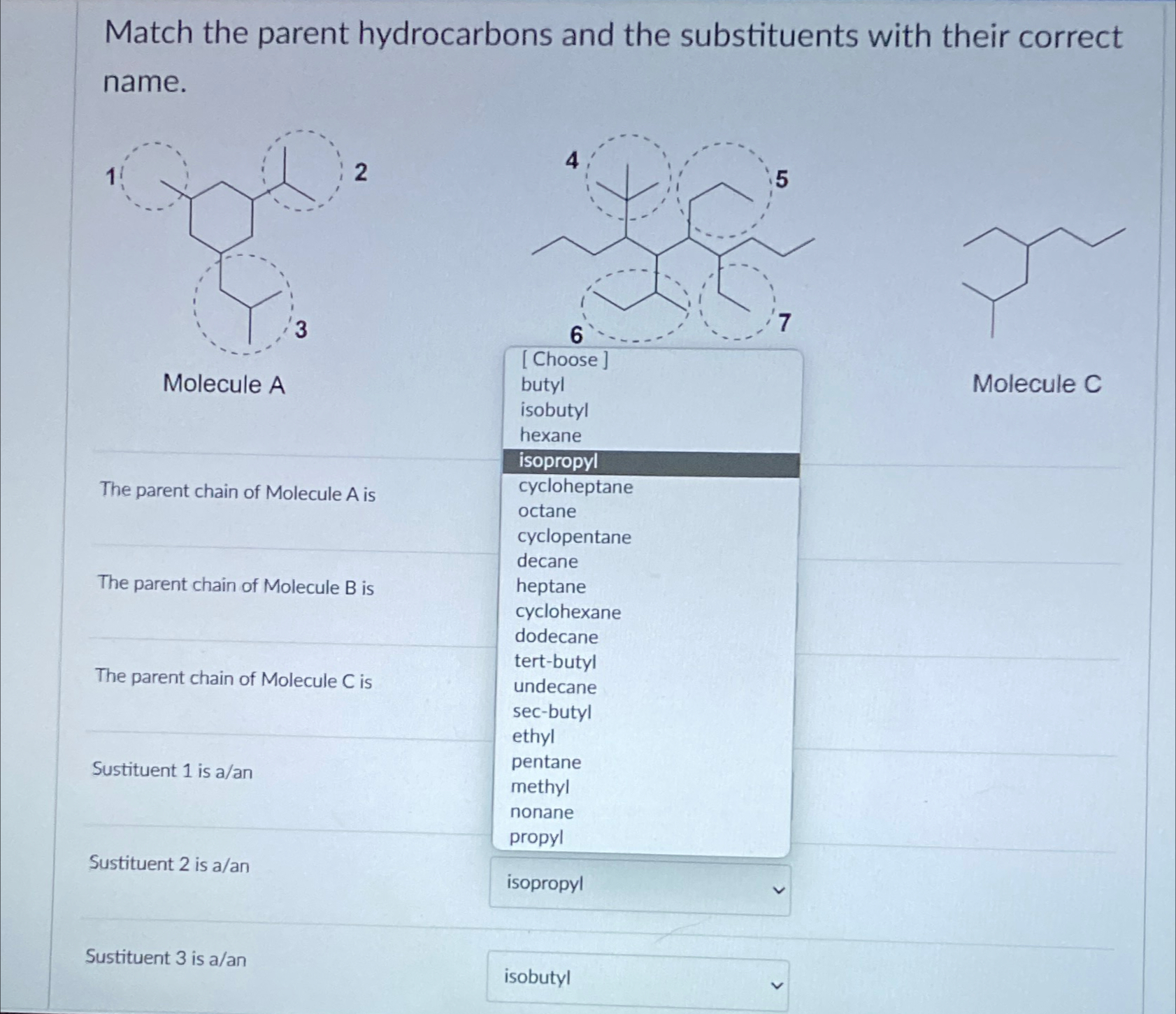 Solved Match the parent hydrocarbons and the substituents | Chegg.com