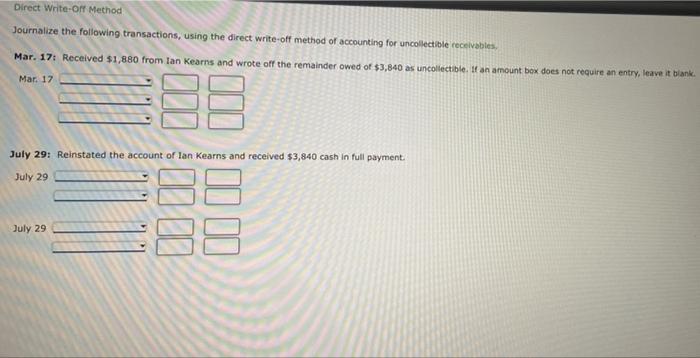 Solved Direct Write-Off Method Journalize the following | Chegg.com