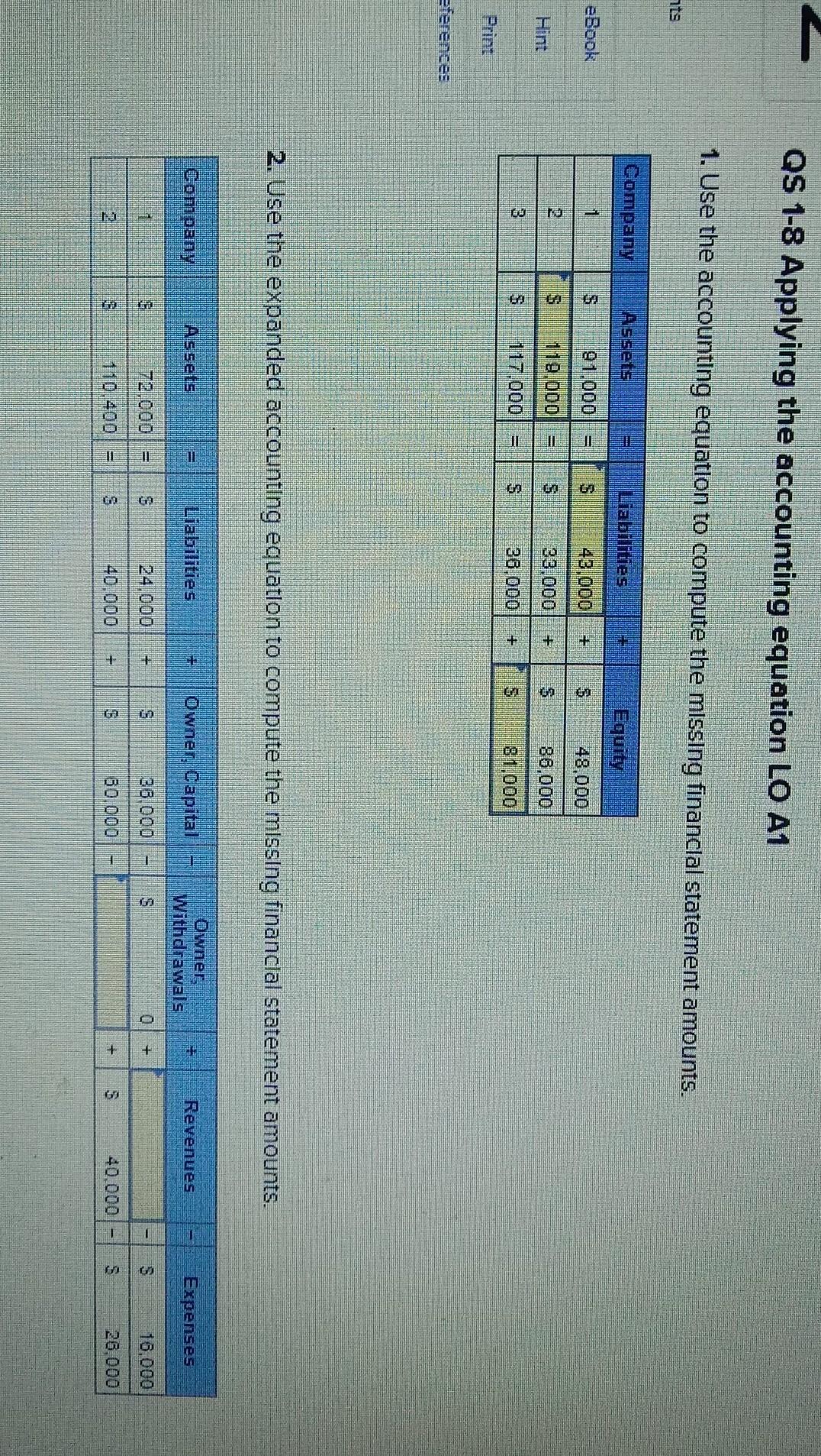 Solved QS 1-8 Applying the accounting equation LO A1 1. Use | Chegg.com