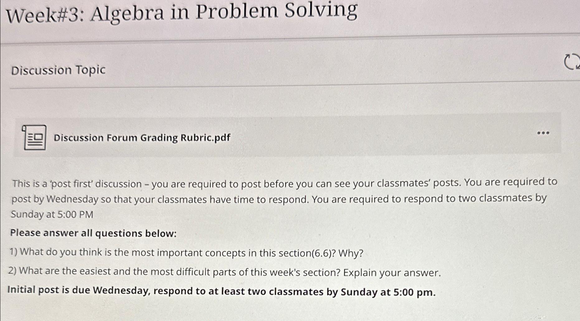 Solved Week#3: Algebra in Problem SolvingDiscussion | Chegg.com