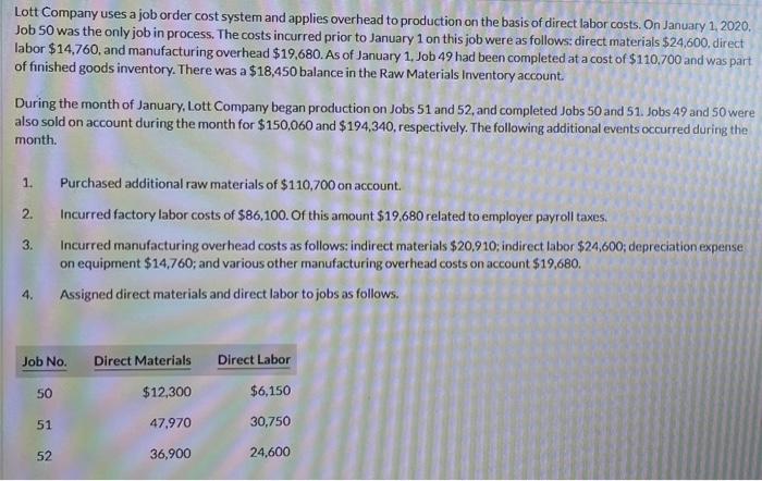 Solved Lott Company uses a job order cost system and applies | Chegg.com
