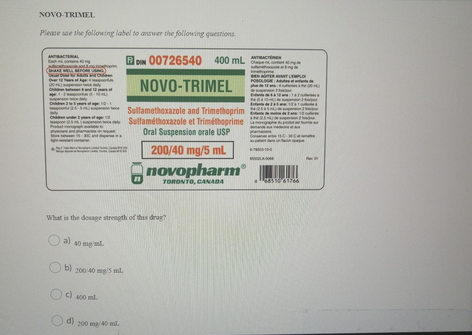 Solved NOVO-TRIMEL Please use the following label to answer | Chegg.com