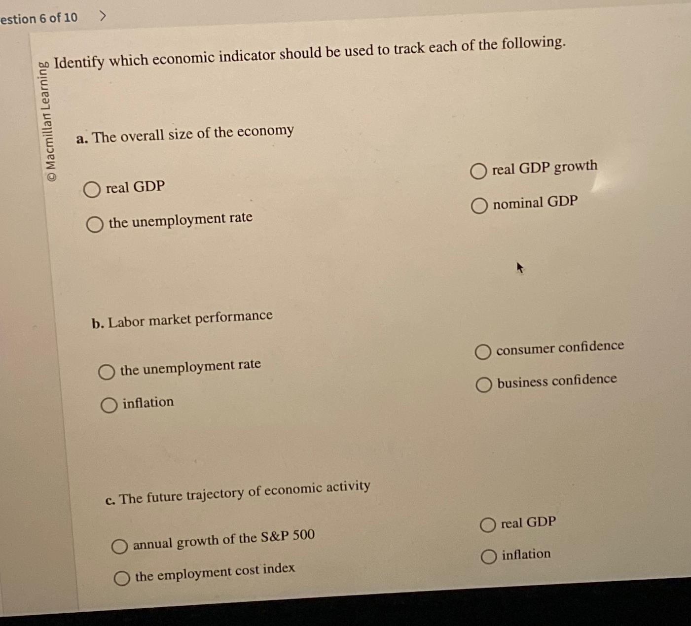 Solved Identify which economic indicator should be used to | Chegg.com