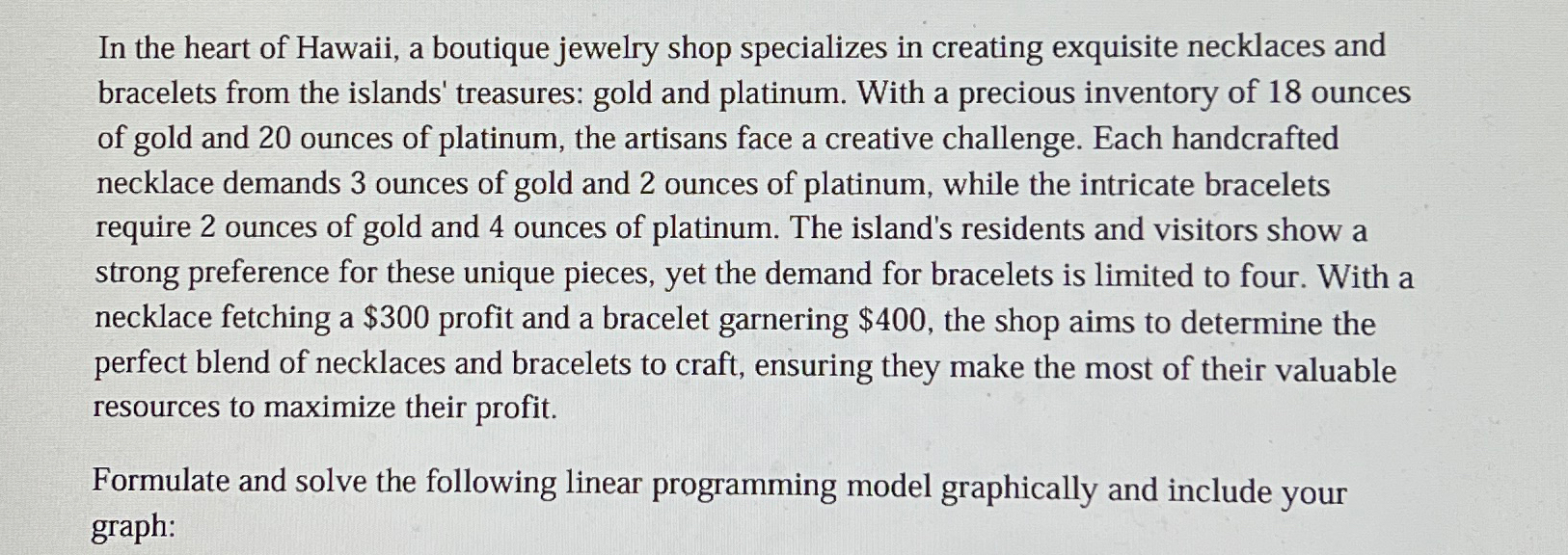 Solved A boutique jewelry shop specializes in creating | Chegg.com