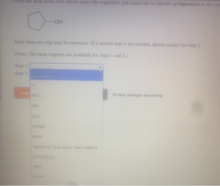 Solved From the drop-down lists below select the reagent(s) | Chegg.com