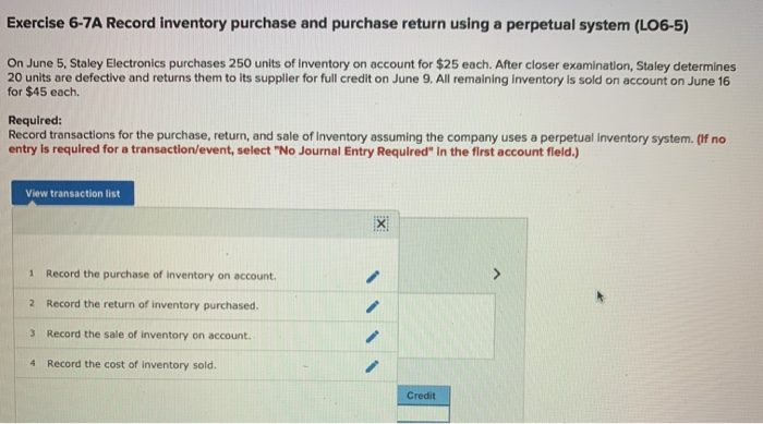 Solved Exercise 6-7A Record inventory purchase and purchase | Chegg.com