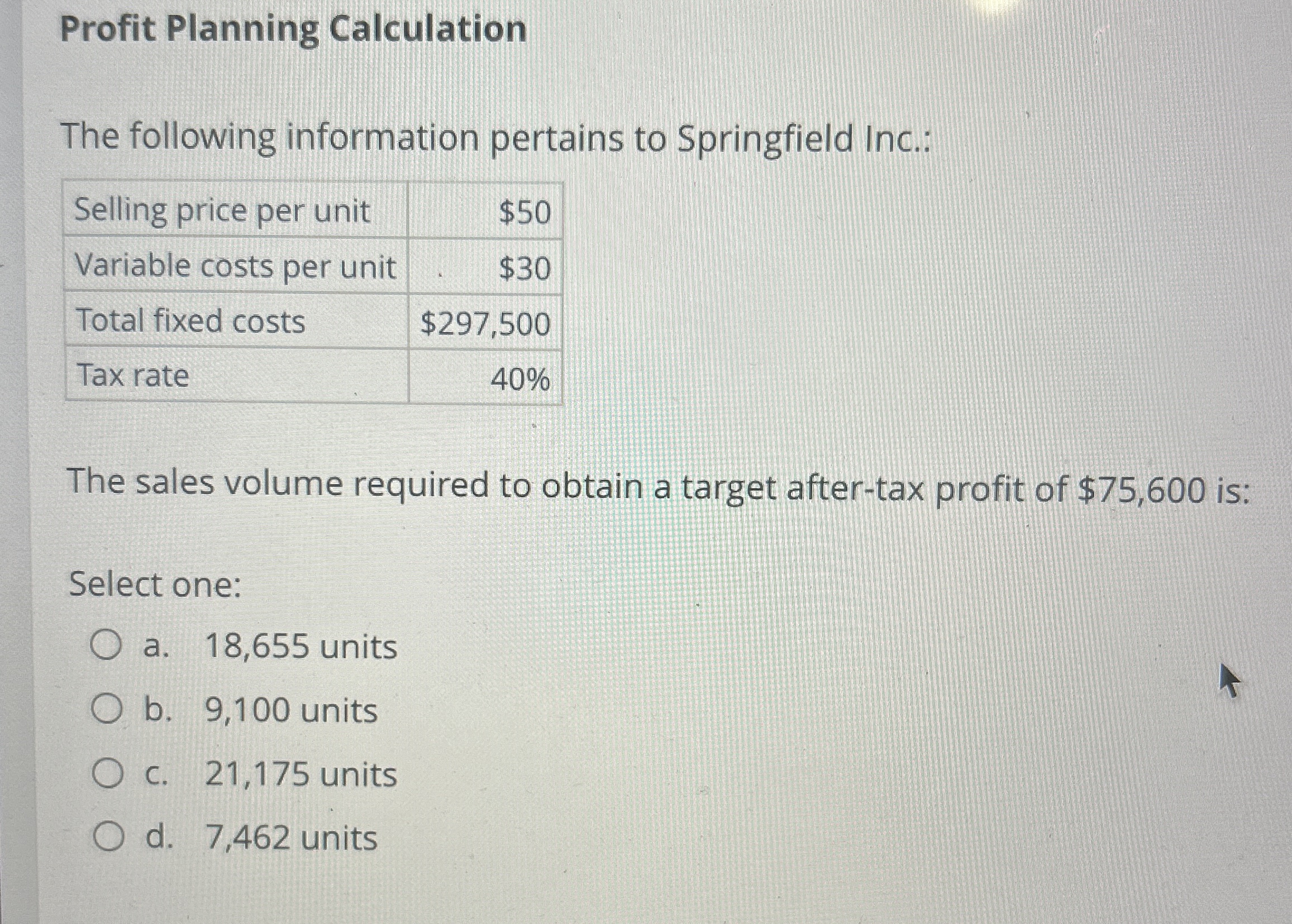 Solved Profit Planning CalculationThe following information | Chegg.com