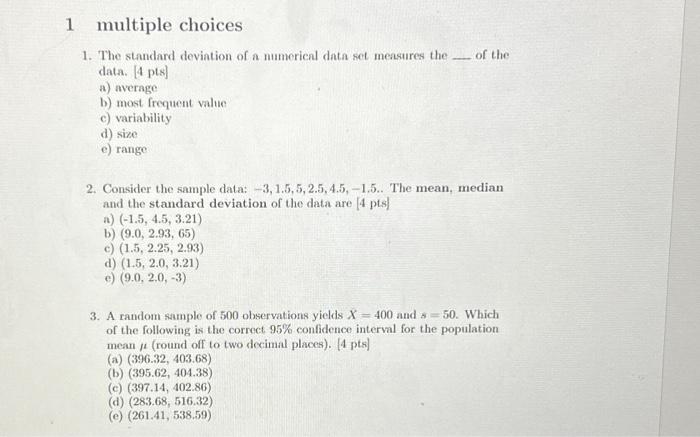 Solved 1. The standard deviation of a numerical data set | Chegg.com