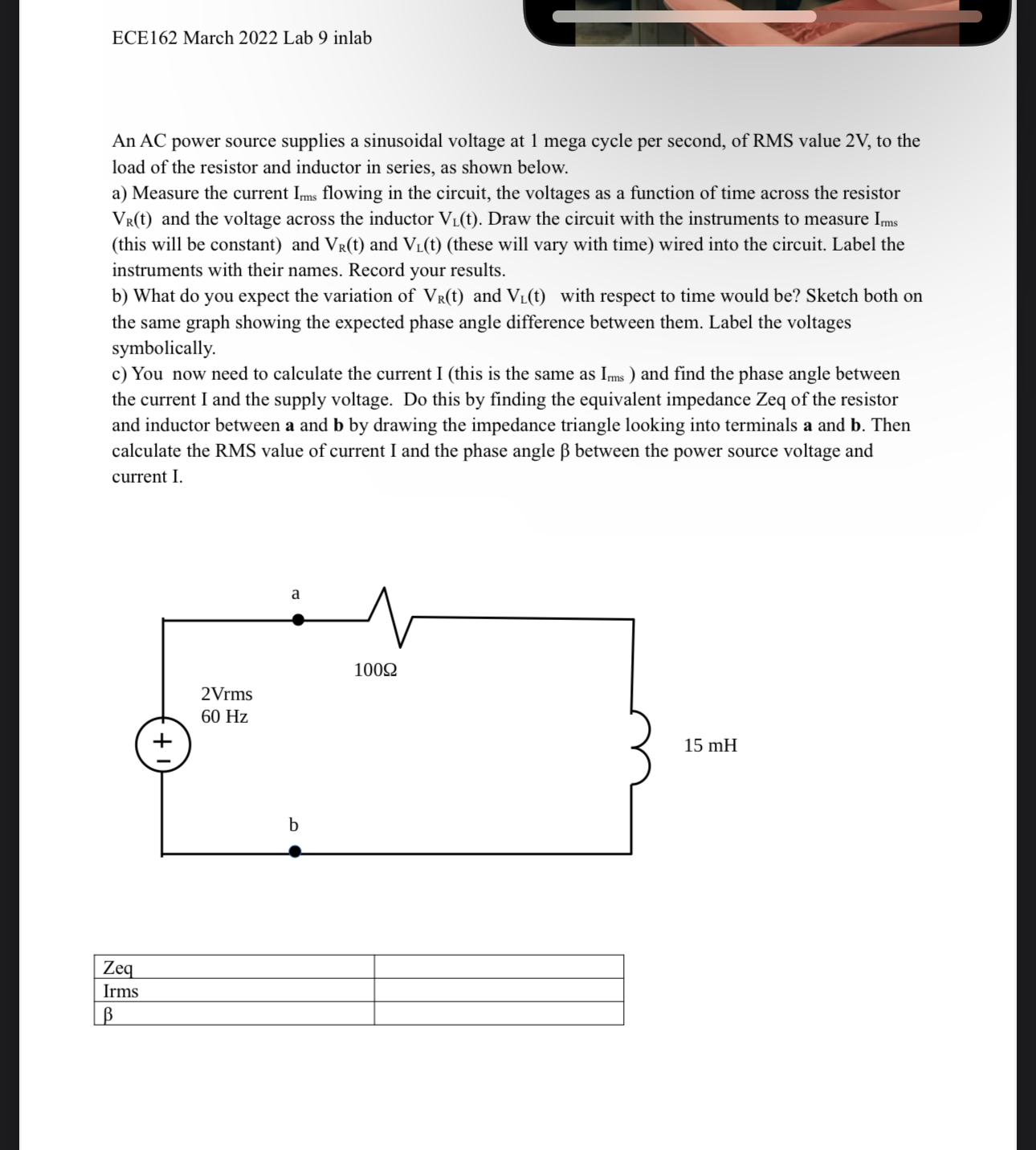 Solved ECE162 ﻿March 2022 ﻿Lab 9 ﻿inlabAn AC ﻿power source | Chegg.com