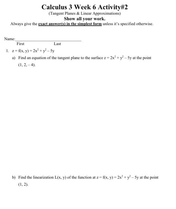Solved Calculus 3 Week 6 Activity 2 Tangent Planes And