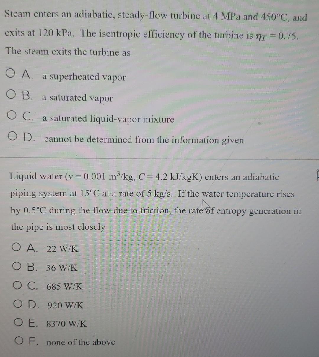 Solved Steam enters an adiabatic, steady-flow turbine at 4 | Chegg.com