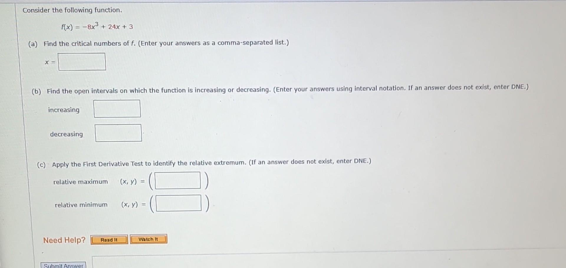Solved Consider the following function. f(x)=−8x3+24x+3 (a) | Chegg.com