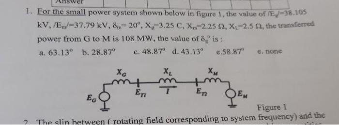 Solved For the small power system shown below in figure 1 , | Chegg.com