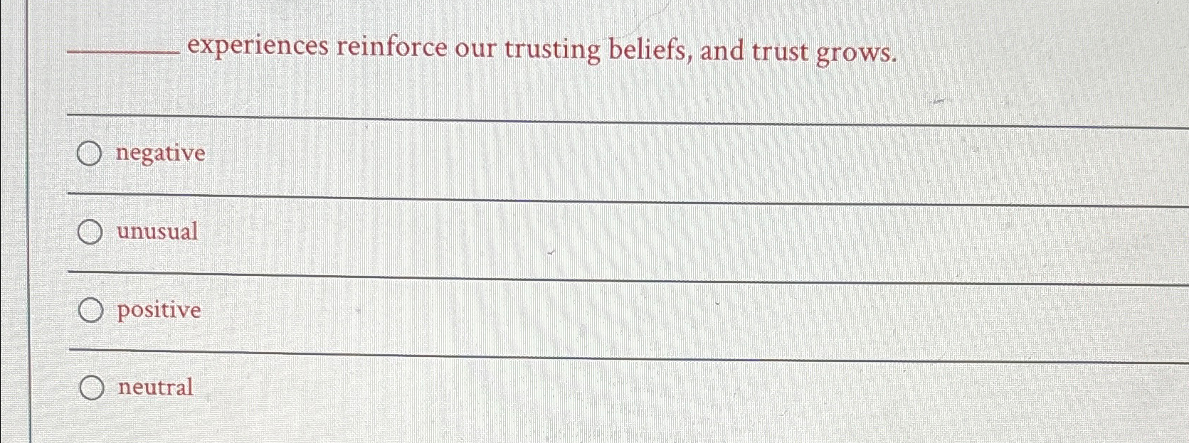 Solved experiences reinforce our trusting beliefs, and trust | Chegg.com