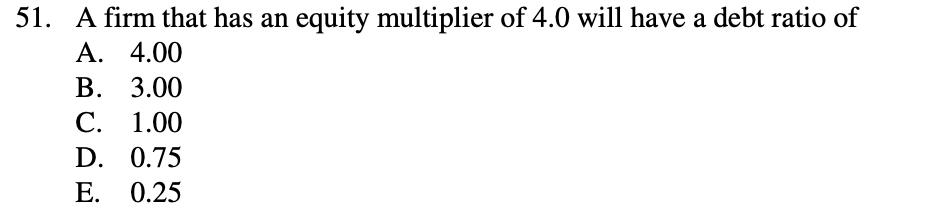 Solved A firm that has an ﻿equity multiplier of 4.0 ﻿will | Chegg.com