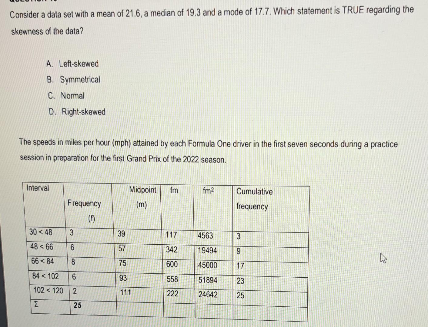 Solved Consider a data set with a mean of 21.6 , a median of | Chegg.com
