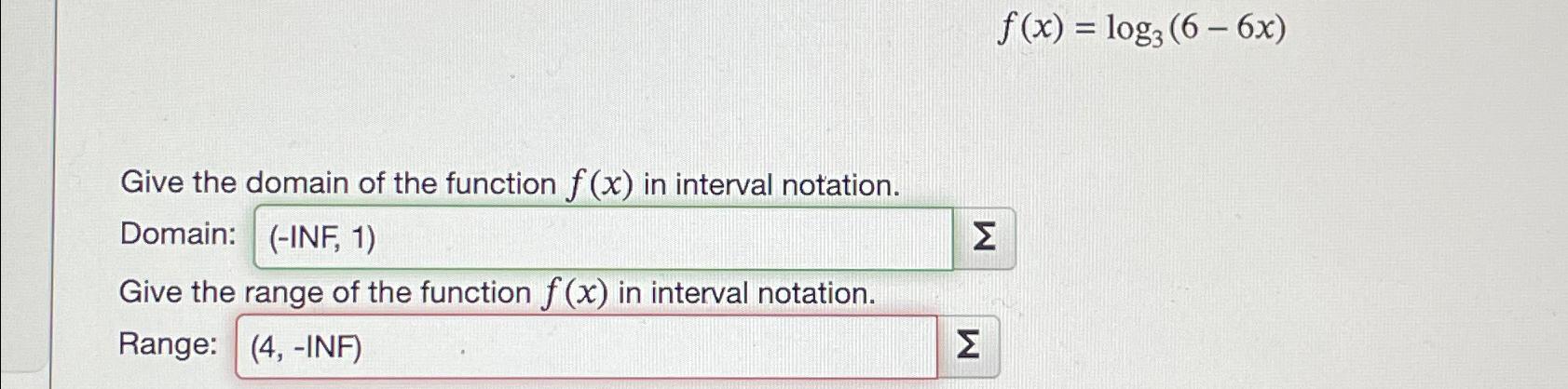 Solved f(x)=log3(6-6x)Give the range of the function f(x) | Chegg.com