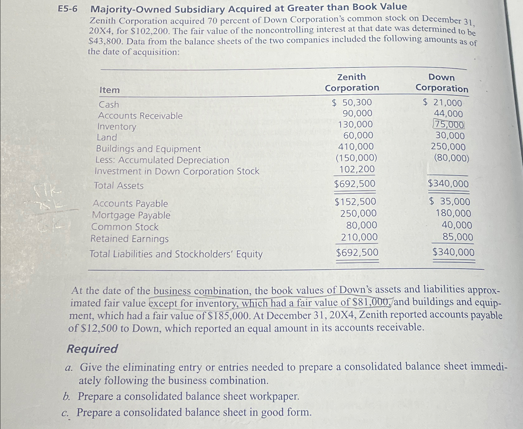Solved E5-6 ﻿Majority-Owned Subsidiary Acquired at Greater | Chegg.com