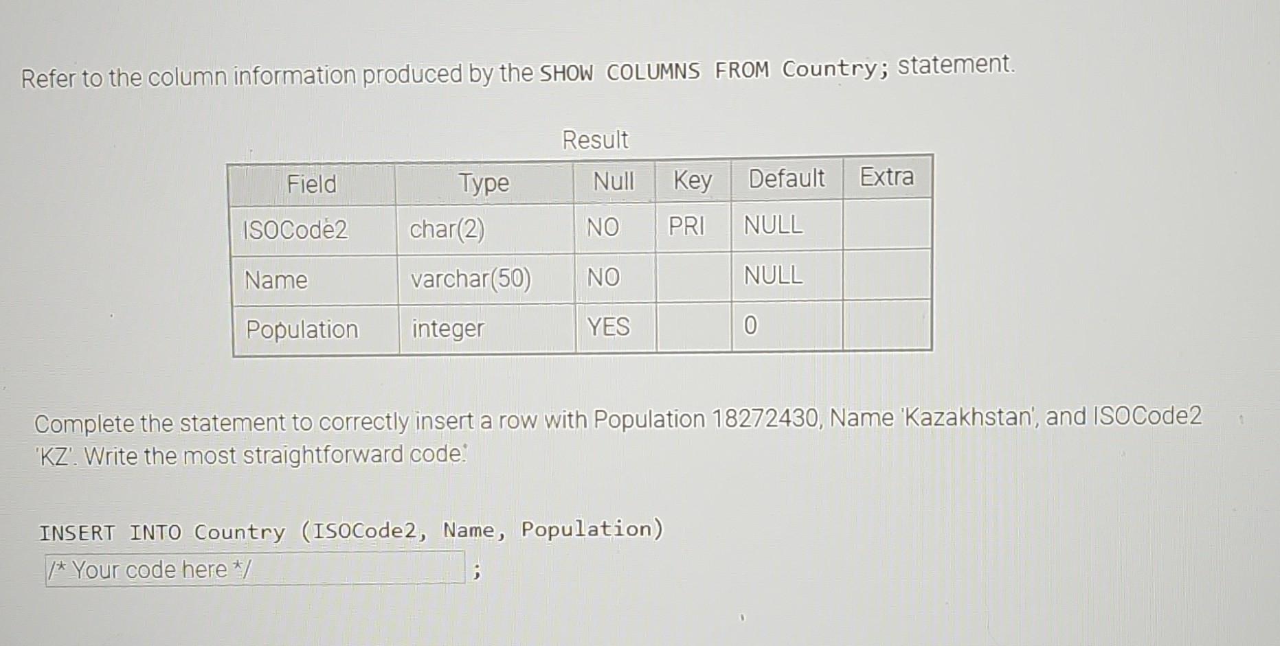 Solved Refer to the column information produced by the SHOW | Chegg.com