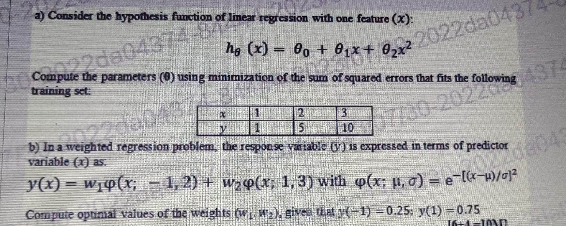 Solved a) Consider the hypothesis function of linear | Chegg.com