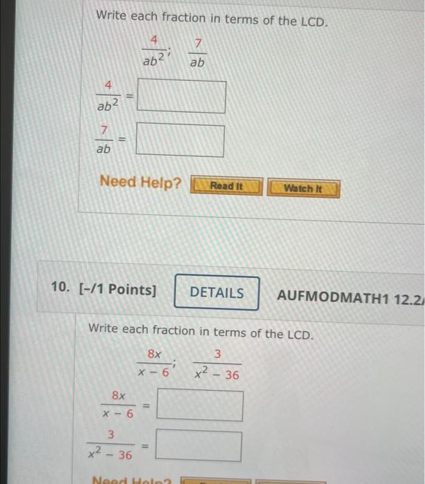 Solved Write each fraction in terms of the LCD. | Chegg.com