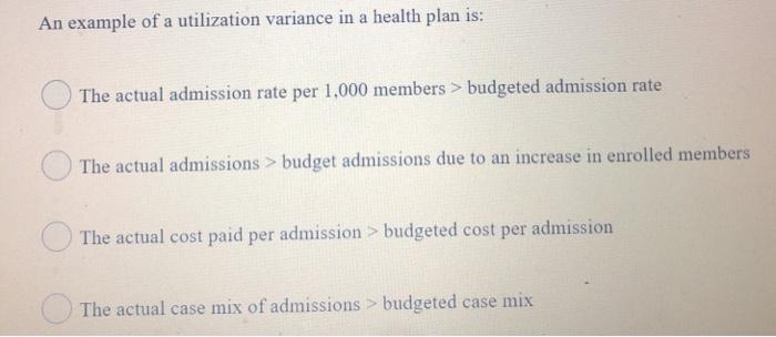 Solved An example of a utilization variance in a health plan | Chegg.com