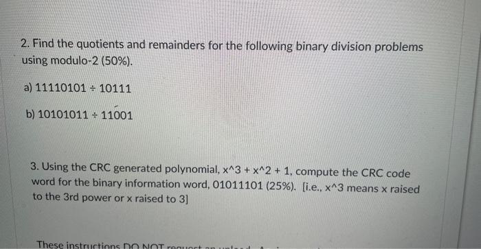 Solved 2. Find the quotients and remainders for the | Chegg.com
