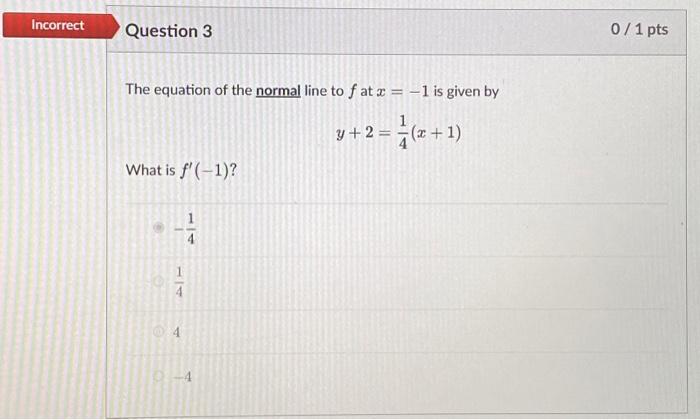 Solved Incorrect Question 3 The equation of the normal line | Chegg.com