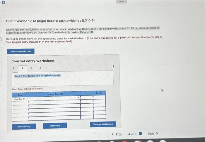 Solved Brief Exercise 10-12 (Algo) Record cash dividends | Chegg.com