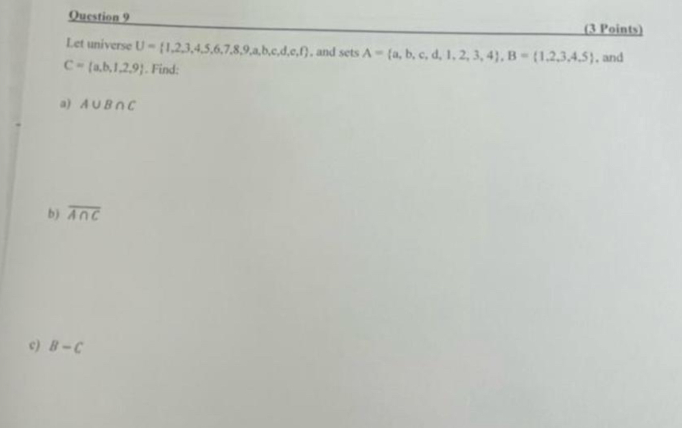 Solved Oucstion 9(3 ﻿Points)Let universe , , ﻿and sets | Chegg.com