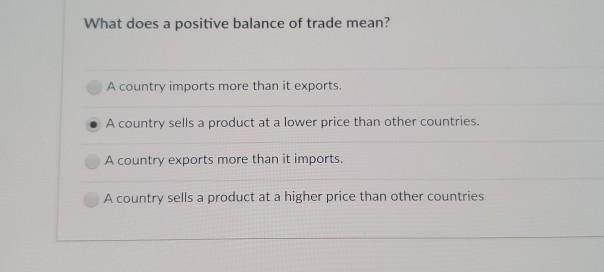Solved What does a positive balance of trade mean? A country | Chegg.com