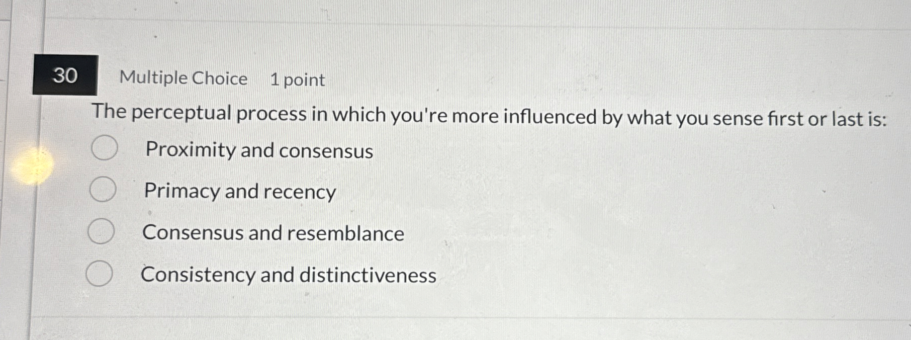 Solved 30Multiple Choice1 ﻿pointThe perceptual process in | Chegg.com