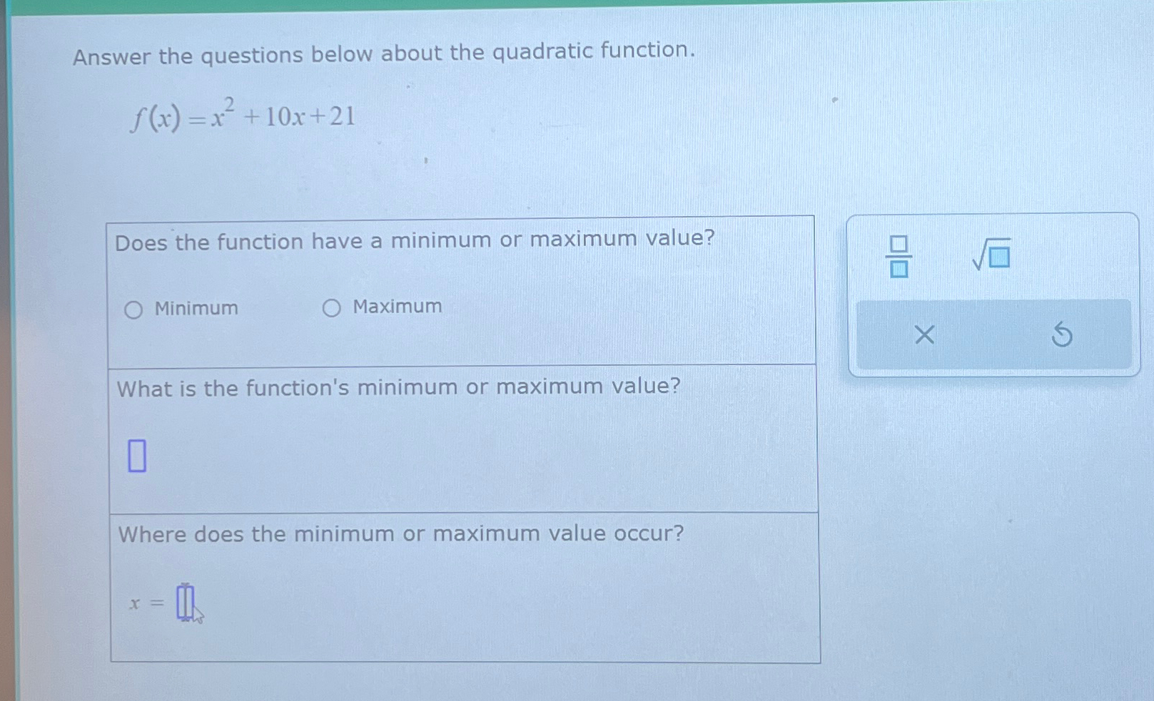 Solved Answer the questions below about the quadratic | Chegg.com