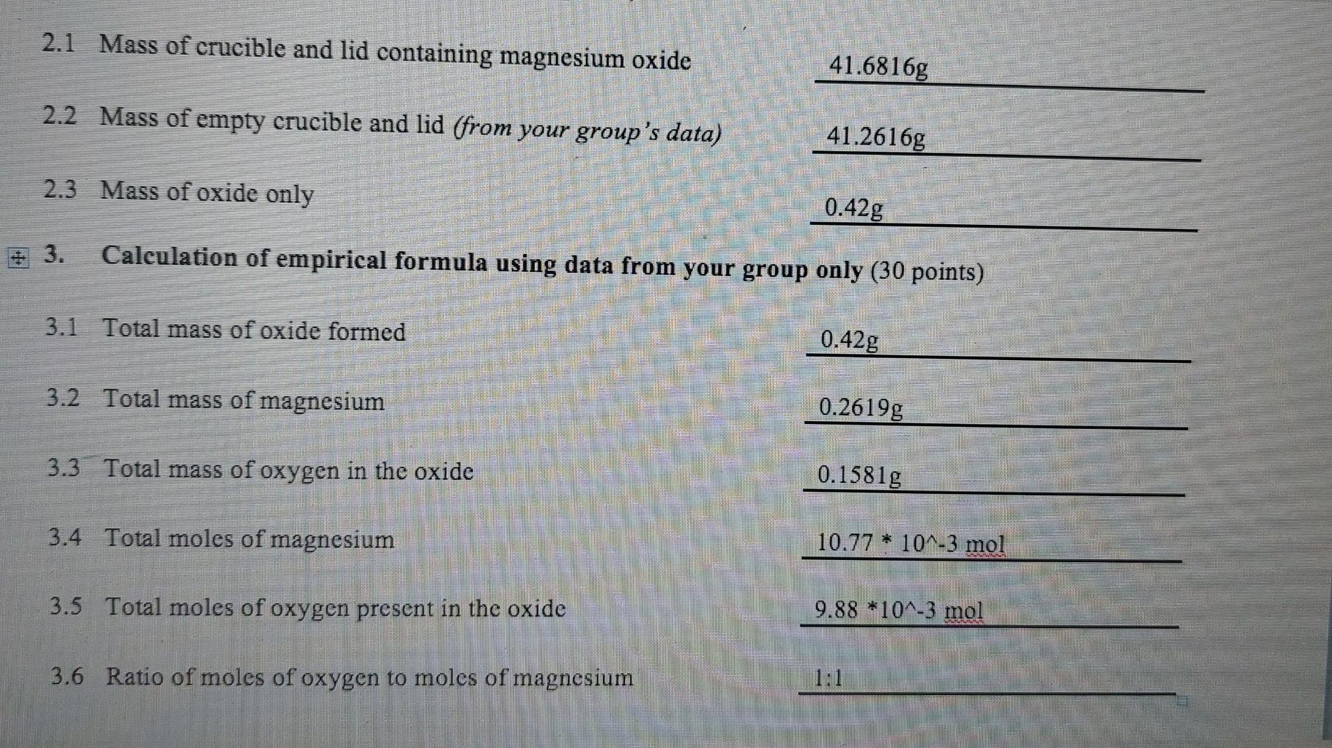 Solved 2.1 Mass of crucible and lid containing magnesium | Chegg.com