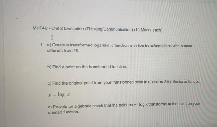Solved MHF4U - Unit 2 Evaluation (Thinking/Communication) | Chegg.com