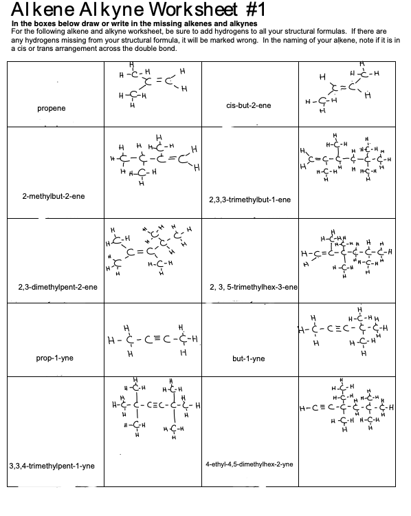 [Solved]: Alkene Alkyne Worksheet #1 In the boxes below dr