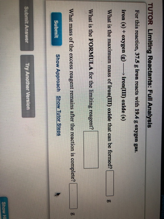 Solved TUTOR Limiting Reactants: Full Analysis For this | Chegg.com